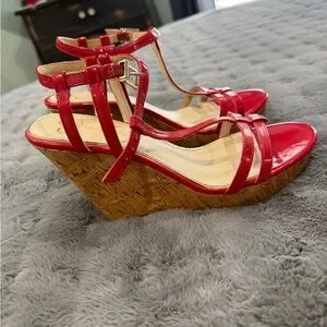 Jessica Simpson | Shoes | Jessica Simpson Red Patent Cork Wedge Sandals ...